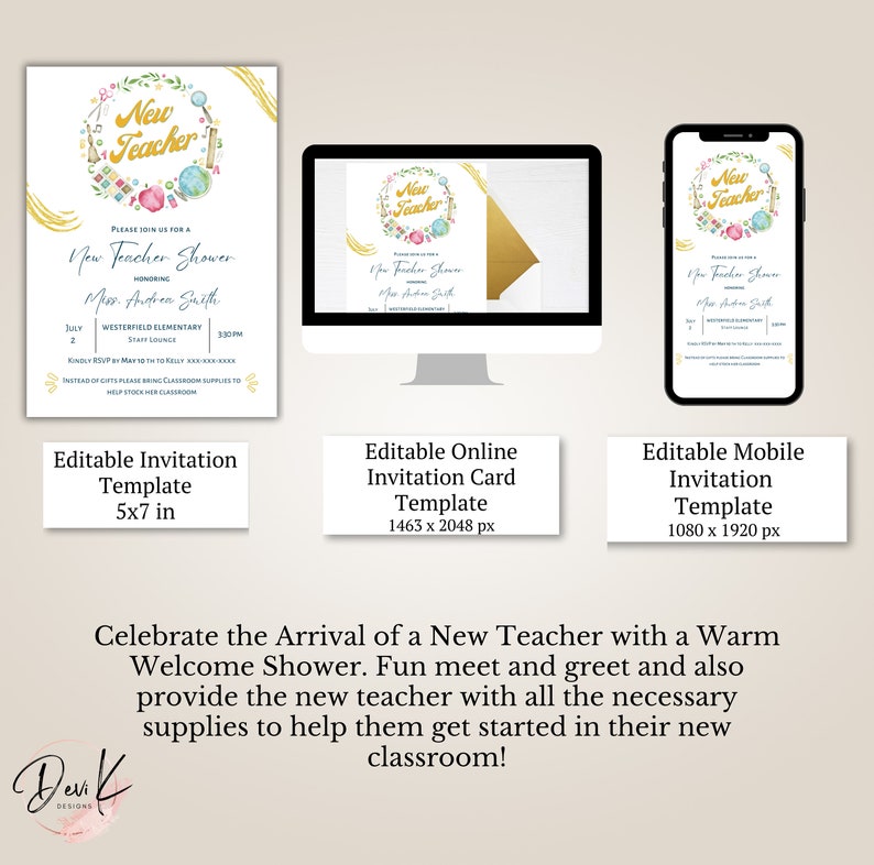 New Teacher Shower Editable Invitation Template, New Teacher Grad ...