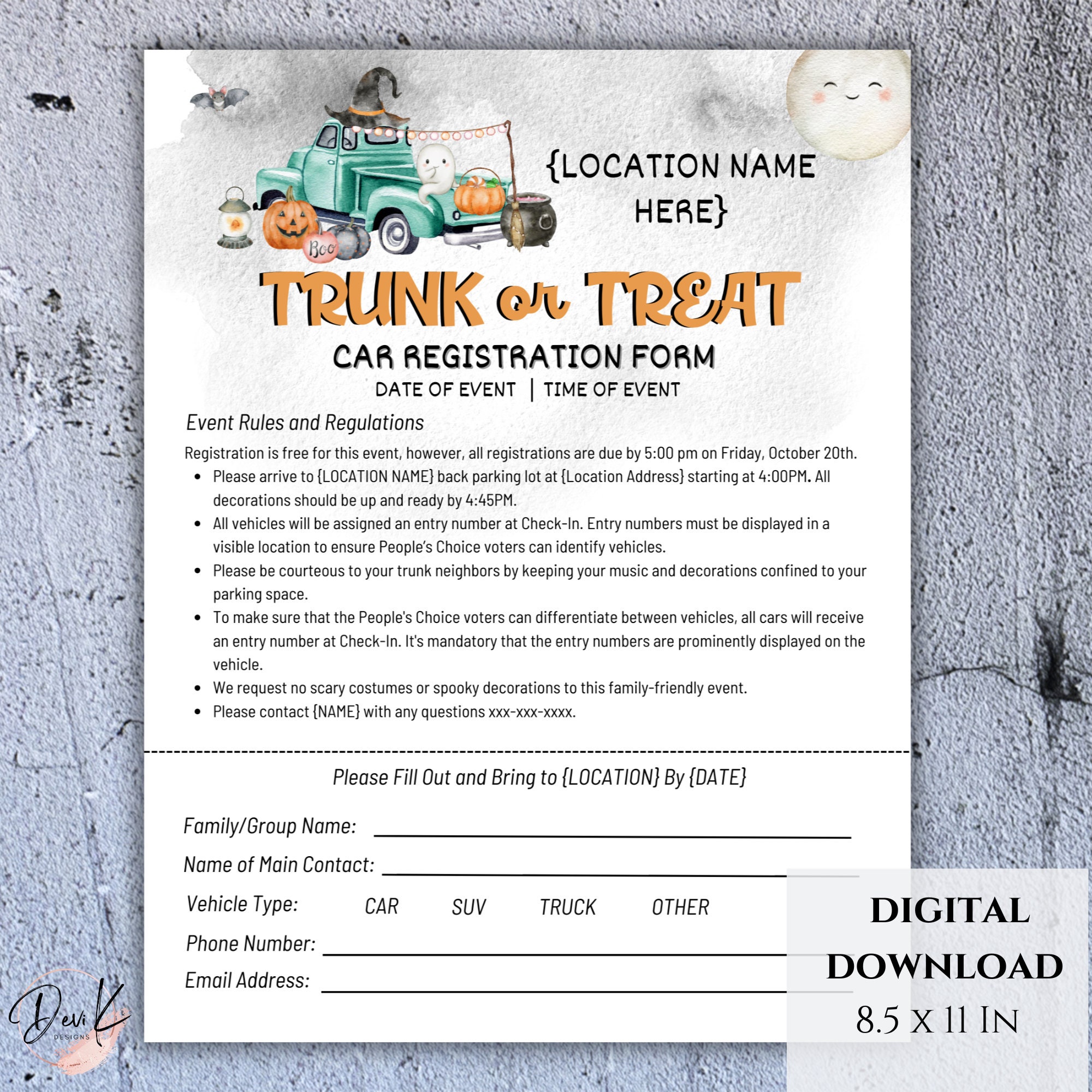 Editable Trunk or Treat Car Registration Form Template, Printable Flyer ...