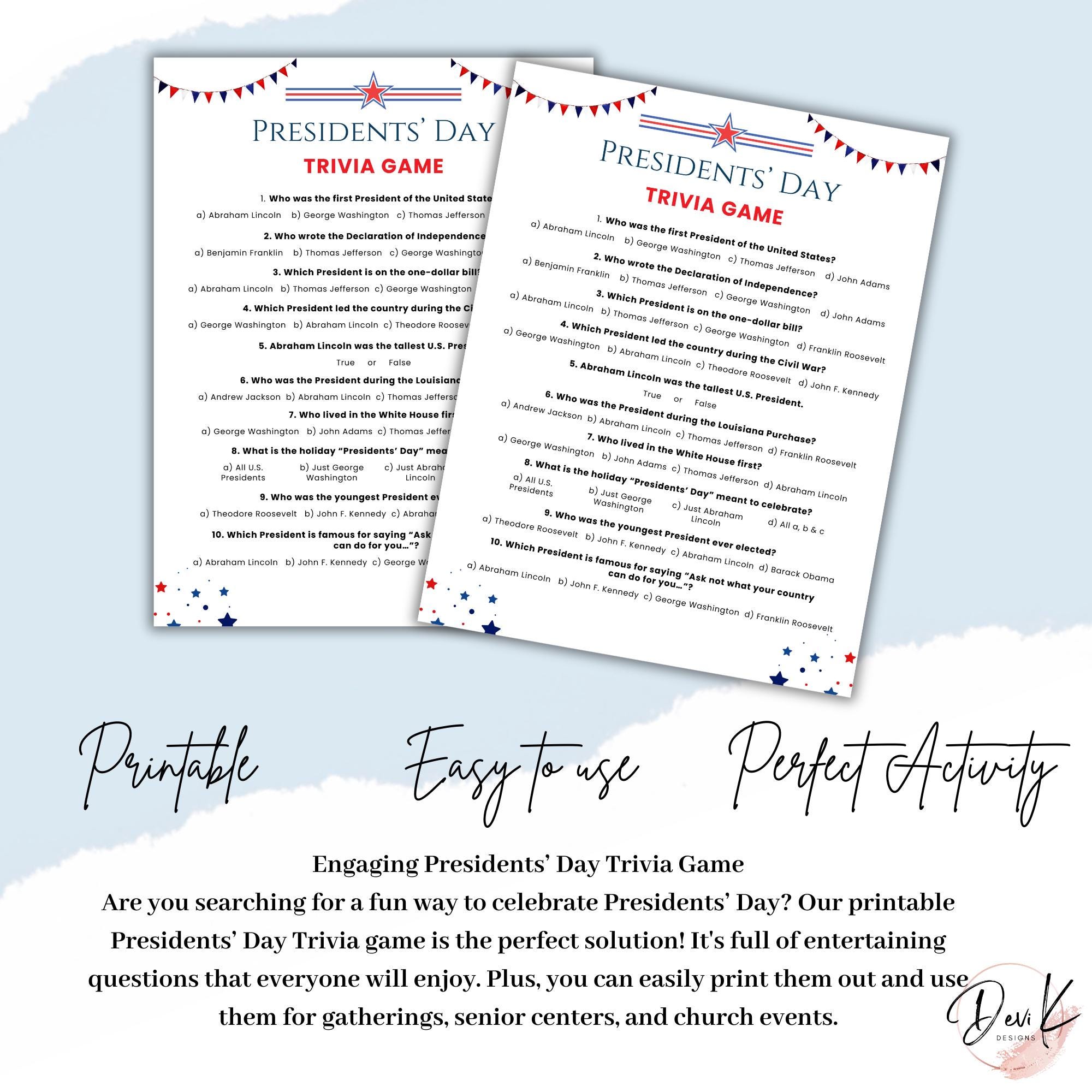 Presidents' Day Trivia Game Printable, Classroom Game, Homeschool ...