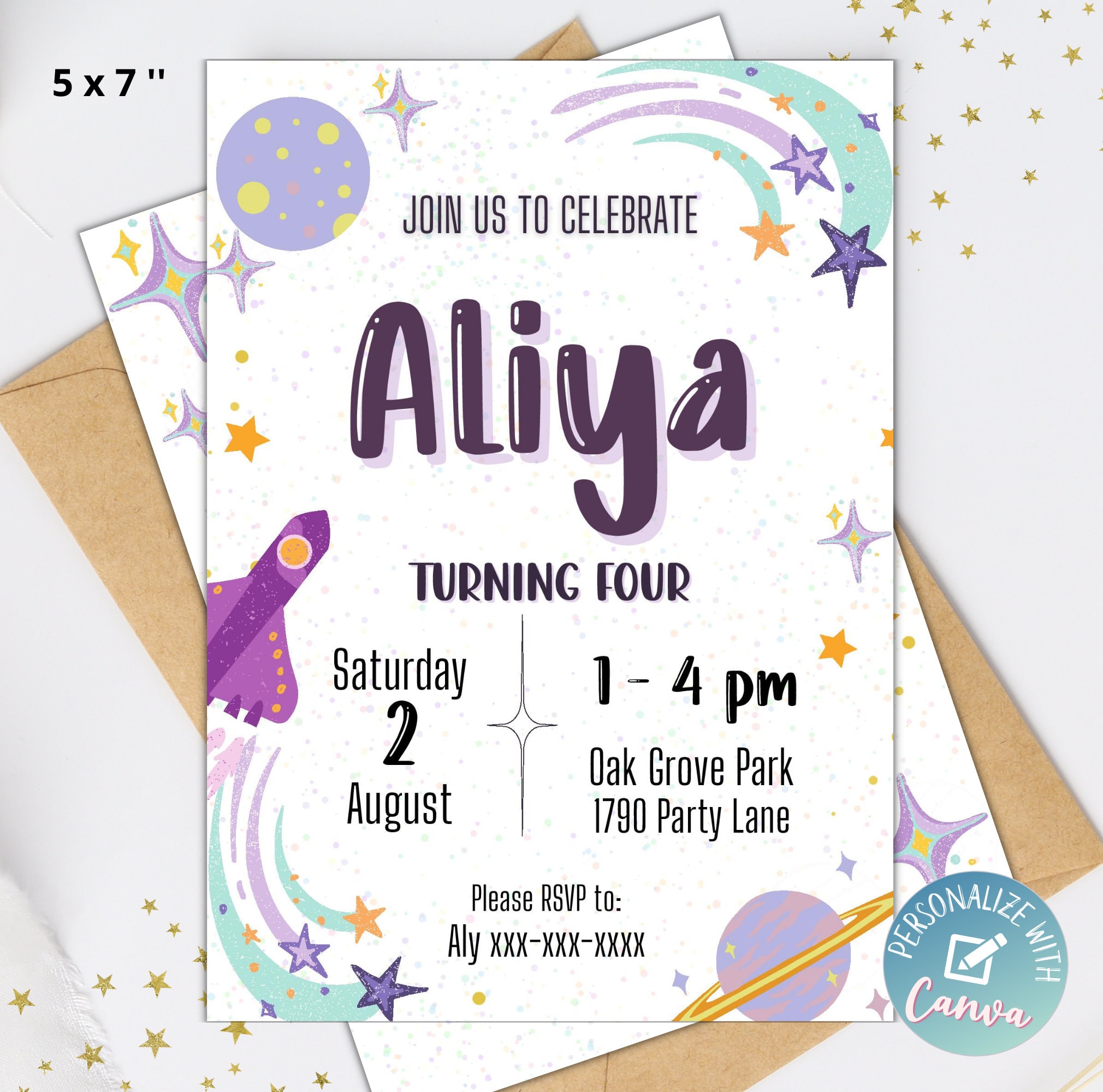 Pastel Girl's Space Theme Birthday Invitation, Purple Outer Space Party ...