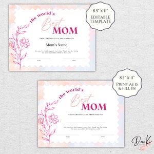 World's Best Mom Mum Certificate, Editable Mother's Day Printable ...