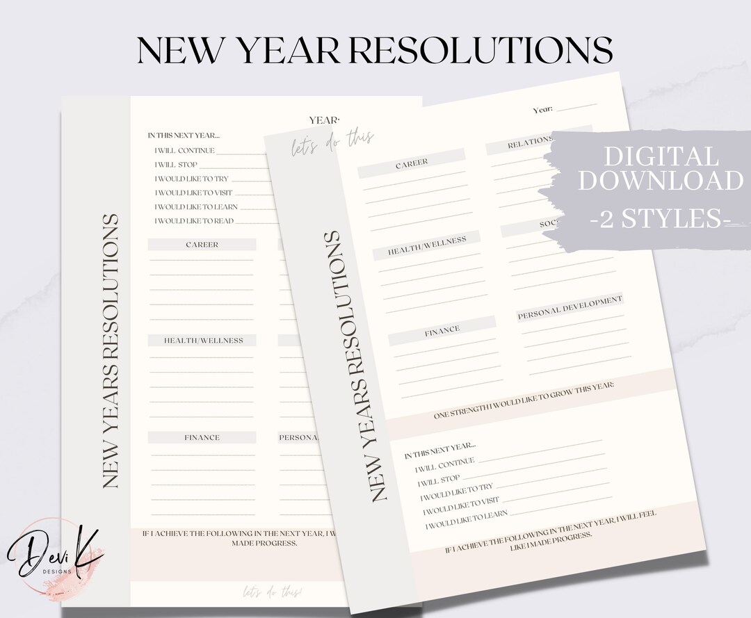 New Years Resolutions, Printable, Yearly Goals, Self-growth Planner ...