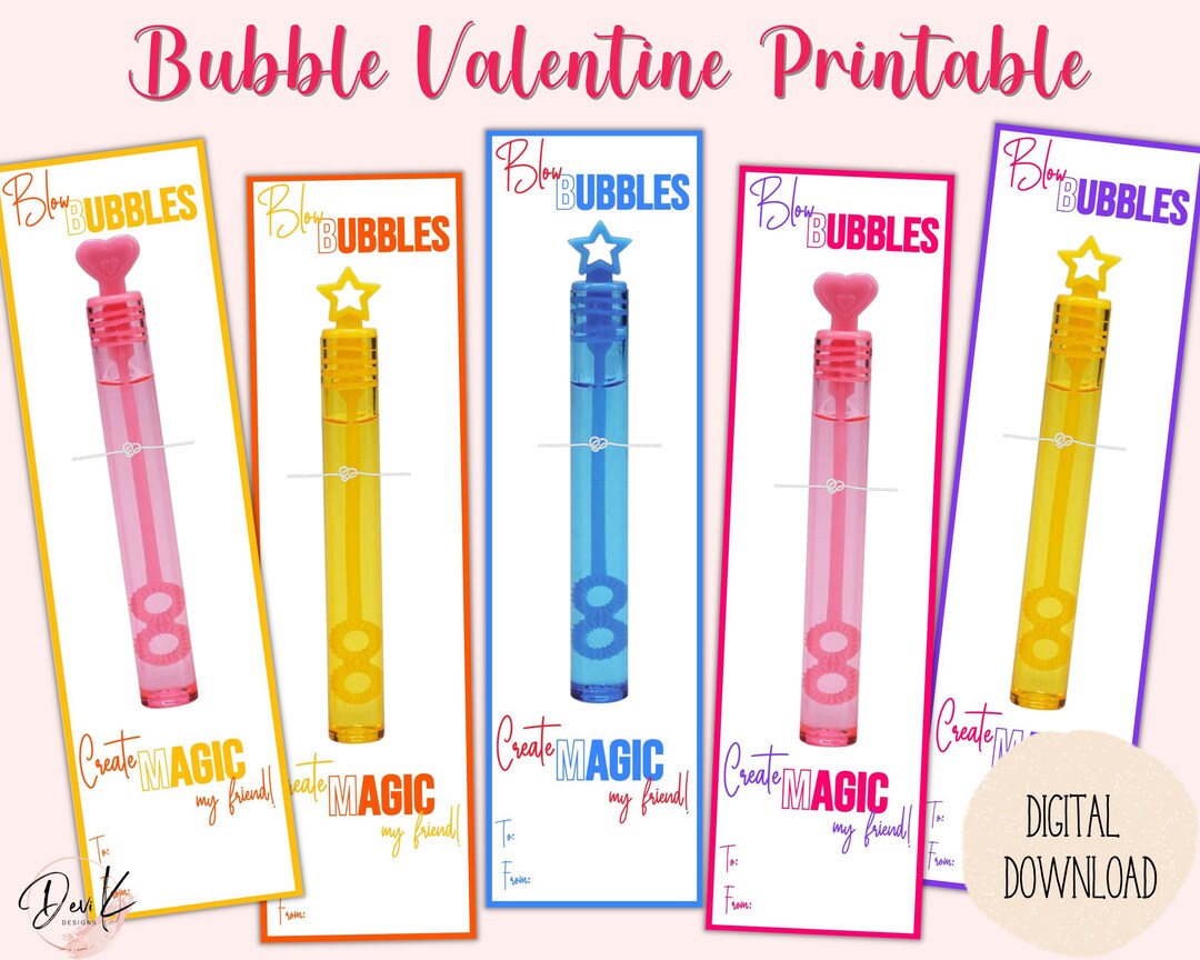 Bubble Valentine Printable, Vibrant Colors, Bubble Wand Holder, Kids ...