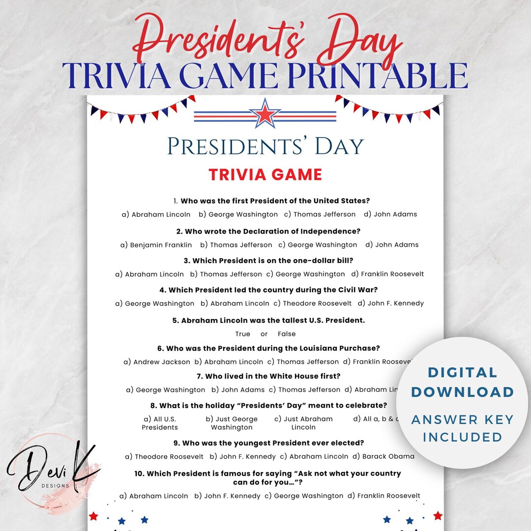Presidents' Day Trivia Game Printable, Classroom Game, Homeschool ...
