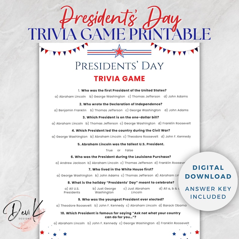 Presidents' Day Trivia Game Printable, Classroom Game, Homeschool ...