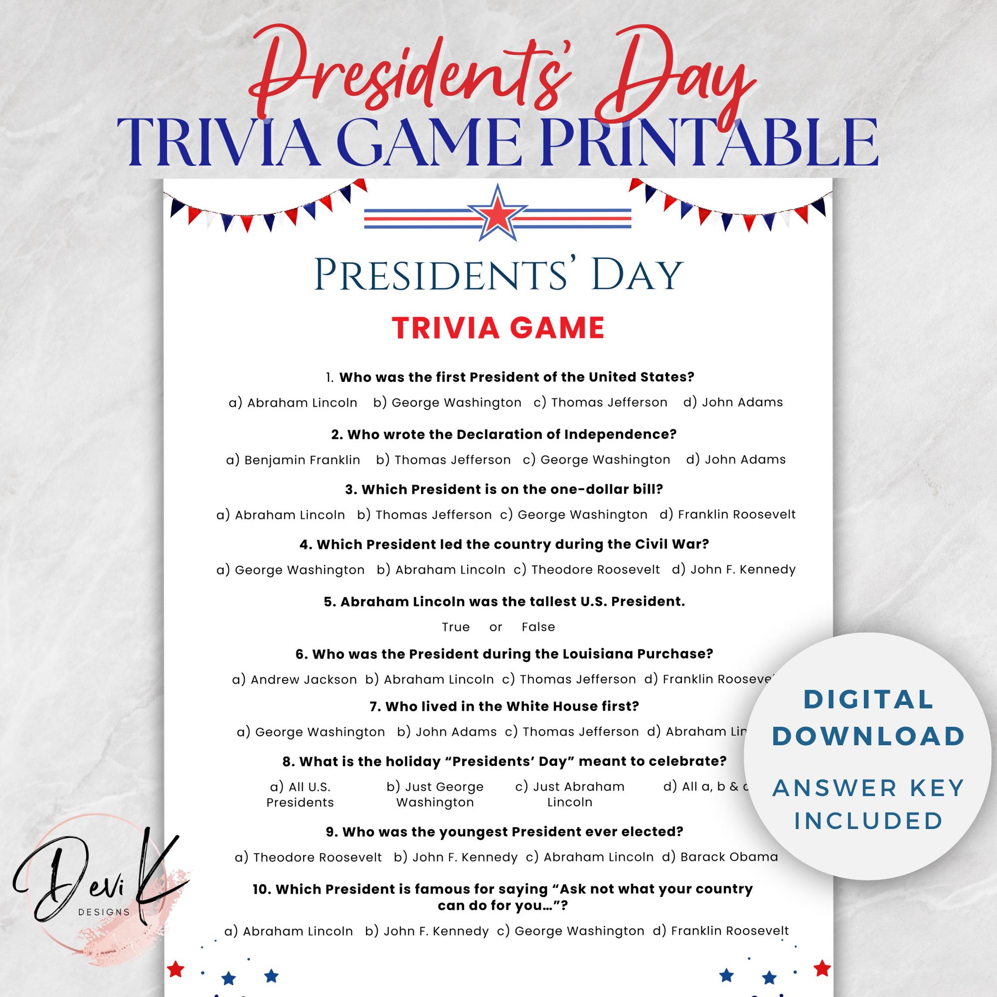 Presidents' Day Trivia Game Printable, Classroom Game, Homeschool ...
