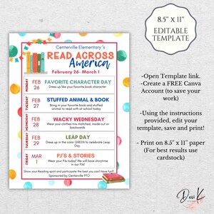 Read Across America Spirit Week Flyer Template, Editable, Reading ...