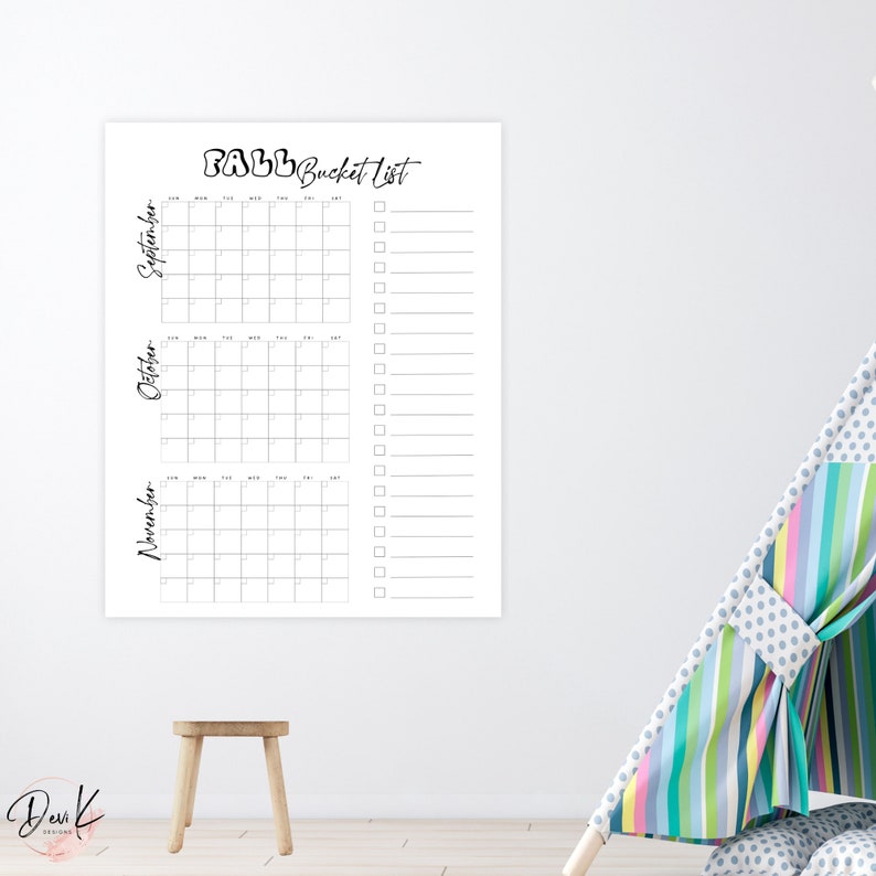 Fall Season Undated Bucket List Calendar Poster, Minimalist Undated ...