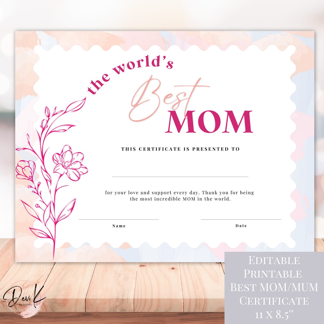 World's Best Mom Mum Certificate, Editable Mother's Day Printable ...