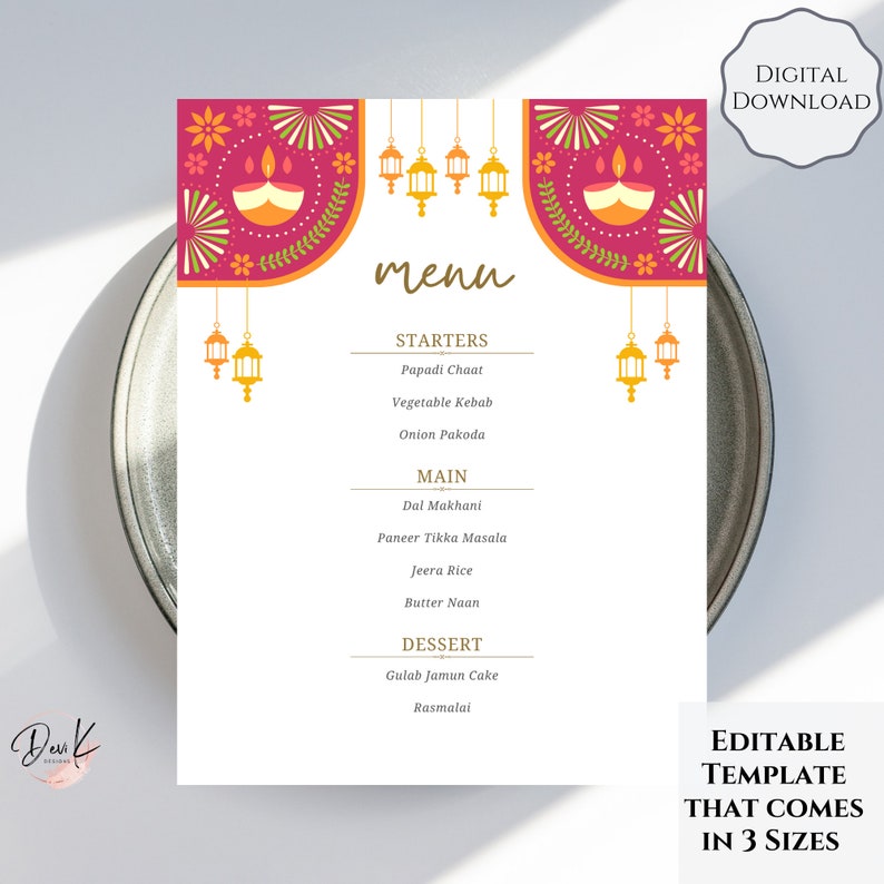 Editable Festive Vibrant Lantern Menu Template, Diwali, Wedding ...