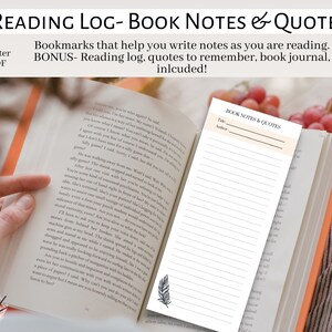 Book Notes & Quotes Printable Bookmarks, Reading Log Bookmark, Note ...