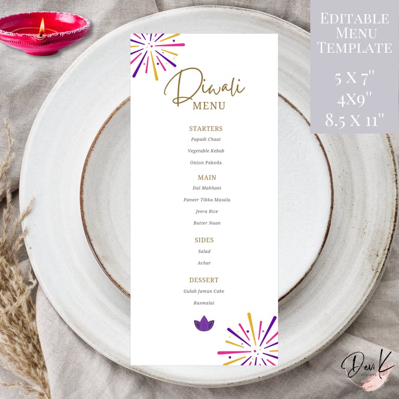 Editable Diwali Menu Template, Firework Menu, Pink Purple Gold, Brunch ...