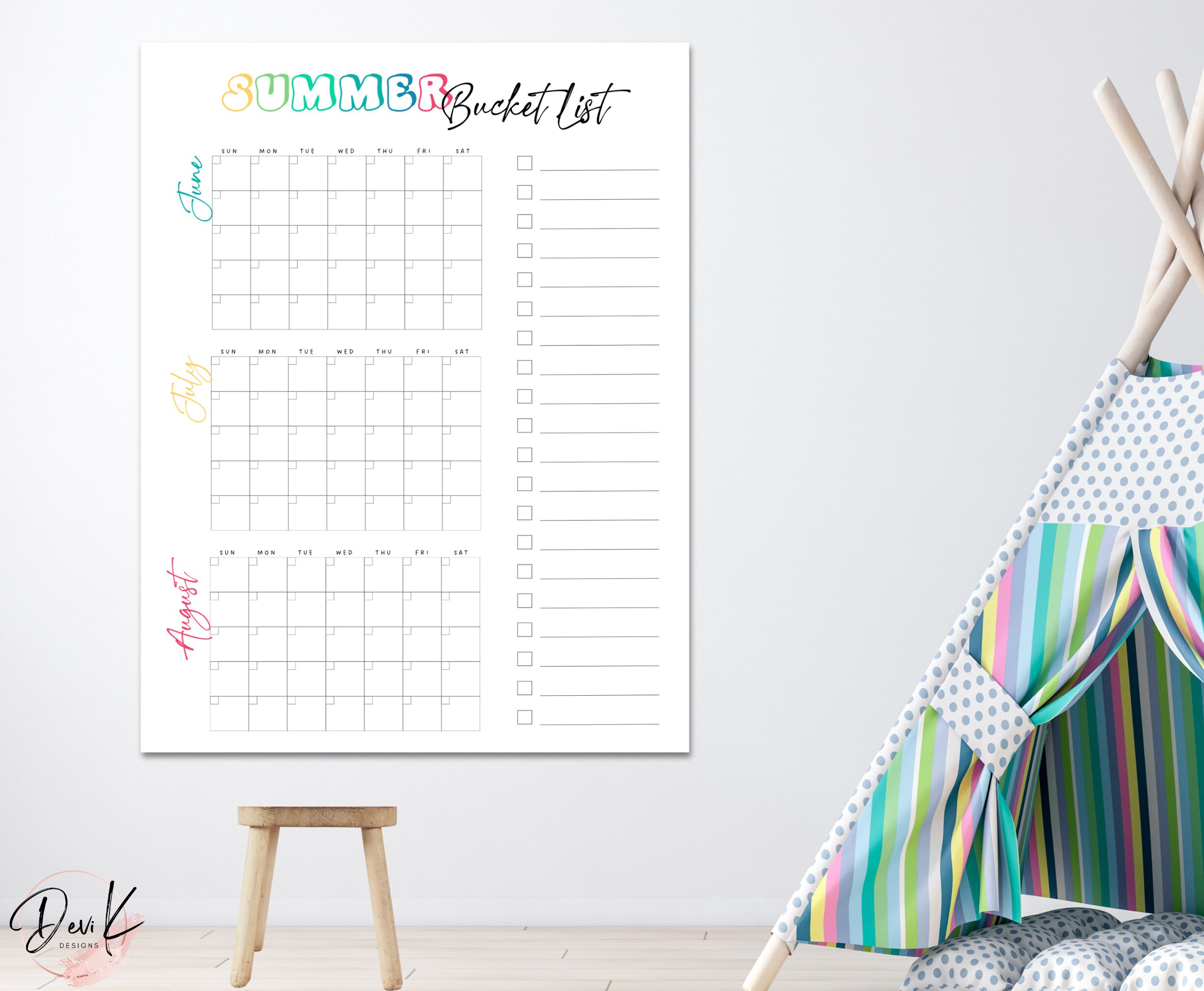 Summer Bucket List Poster, Colorful Undated Calendar, Summer Bucket ...