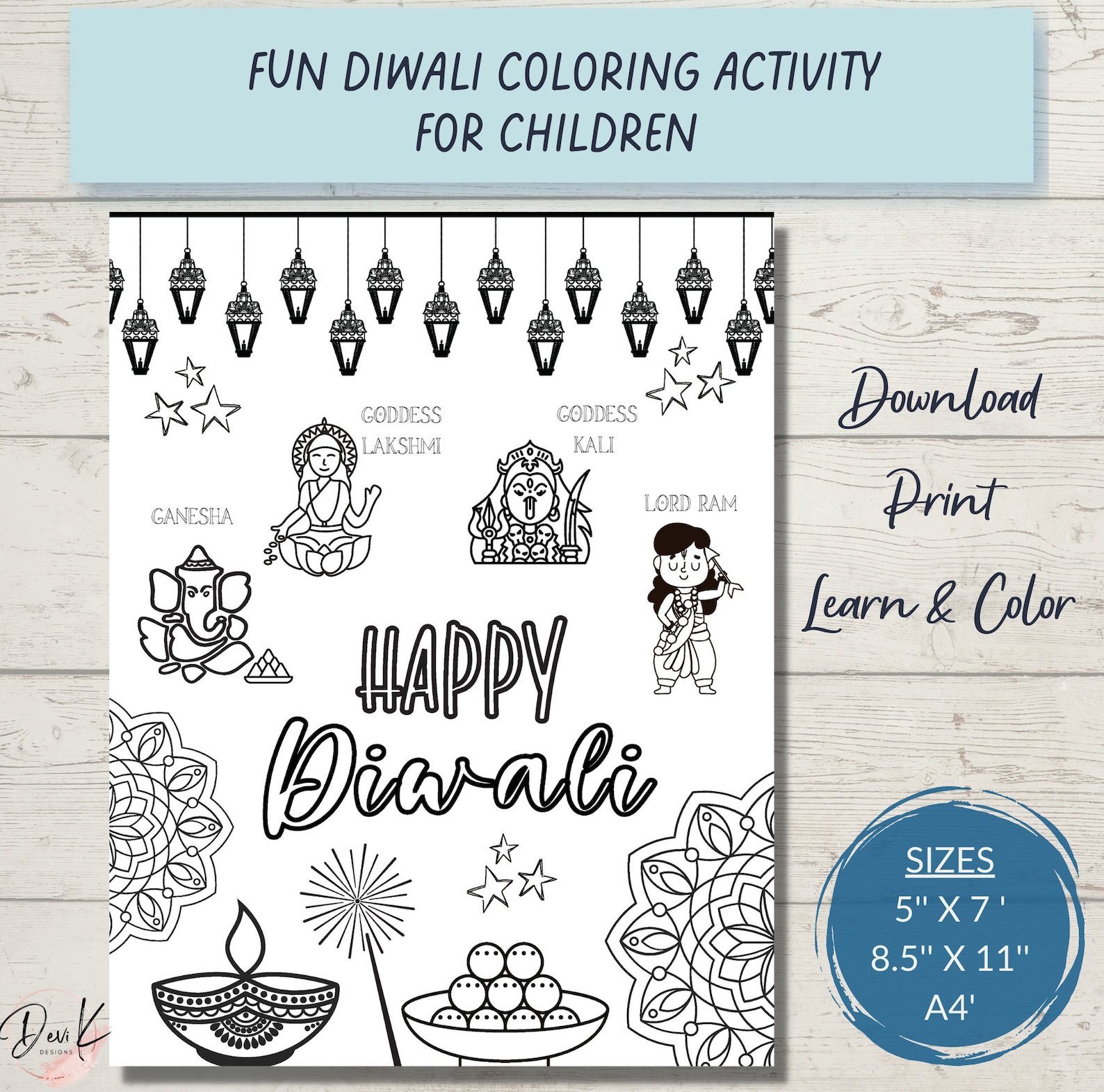 Diwali Coloring Page for Kids Diwali for Children Diwali - Etsy