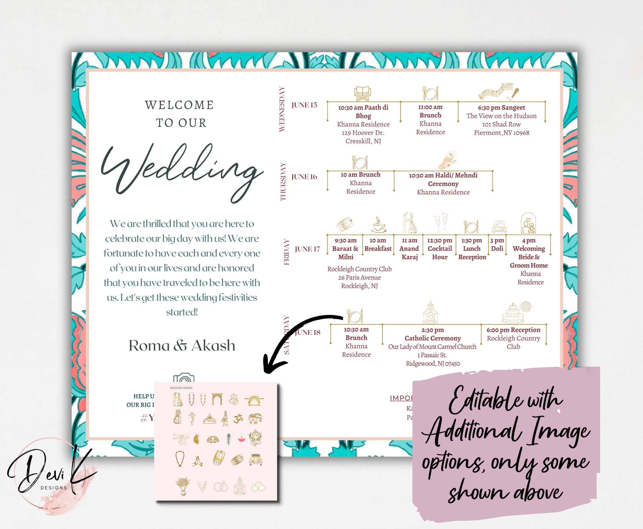 Editable Ornate Floral Wedding Itinerary, Guest Note and Multi-day ...