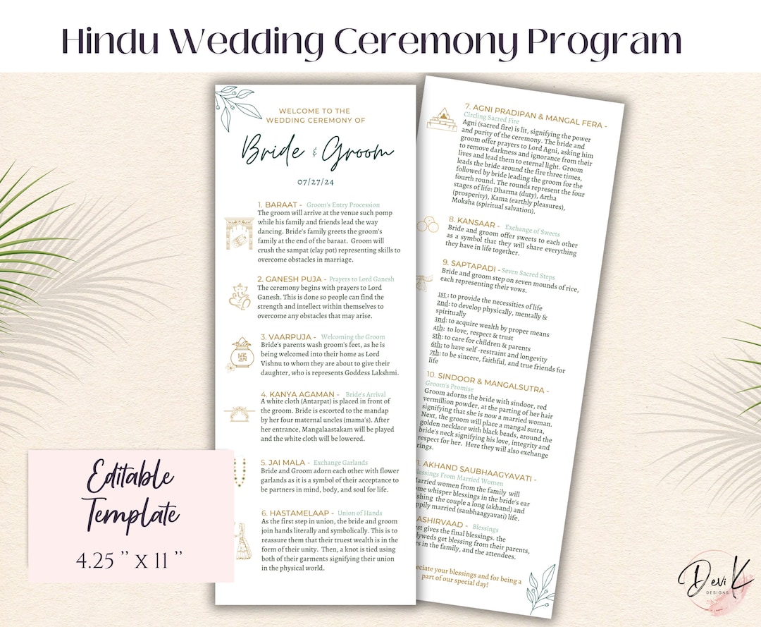 Editable Hindu Wedding Ceremony Program Template, Double Sided, 4.25x11 ...