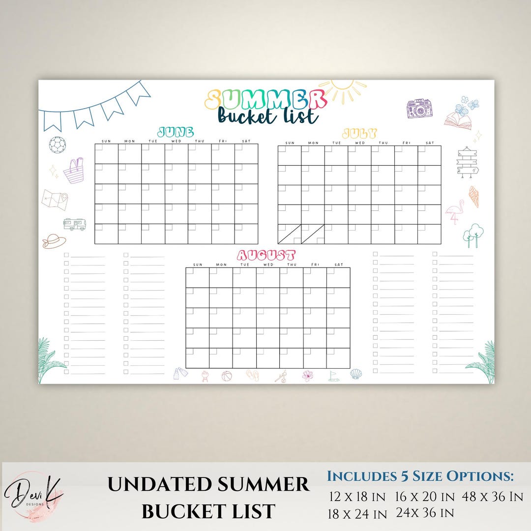 Undated Summer Bucket List Poster, Colorful Calendar, Summer Bucket ...