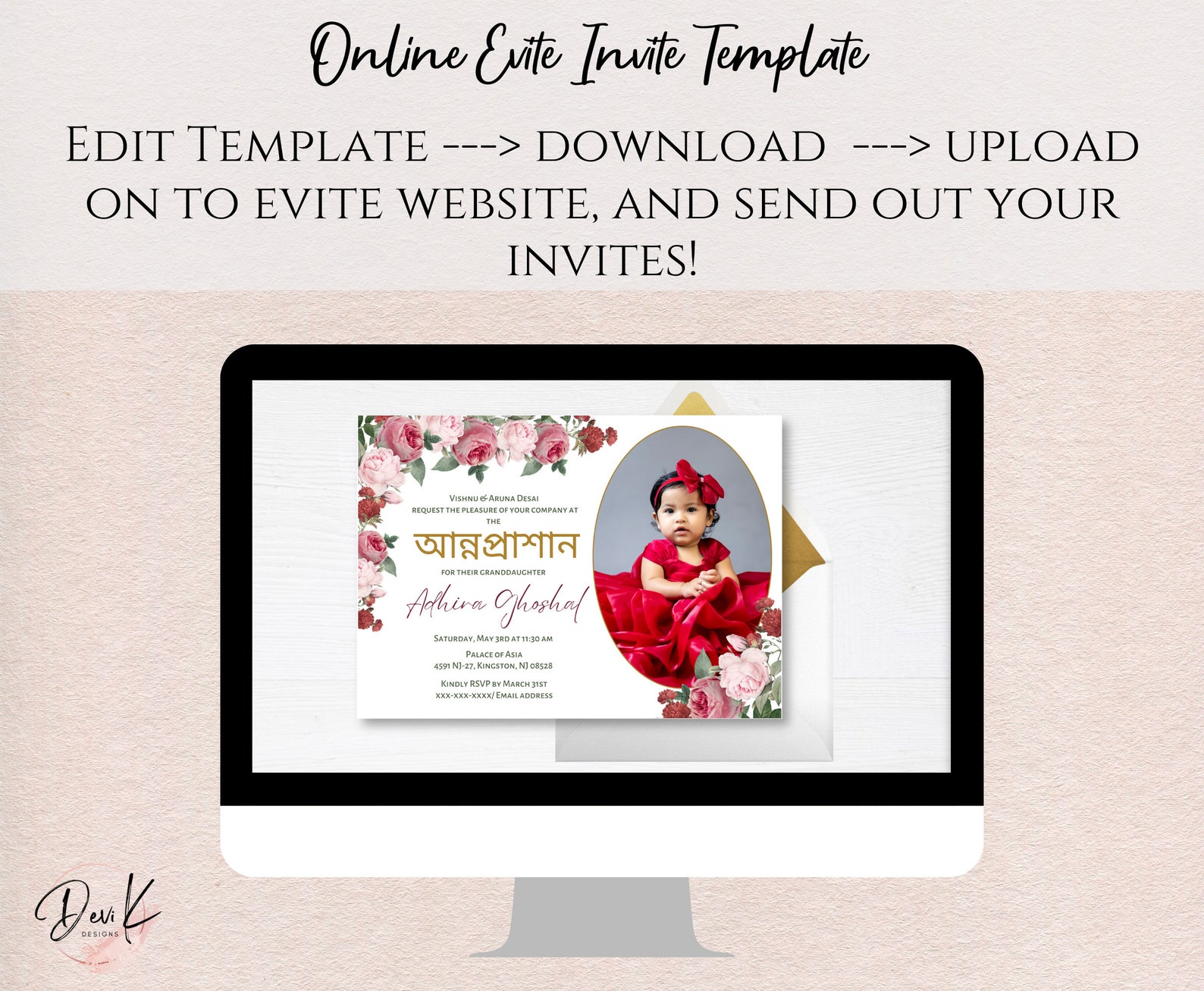 First Rice Ceremony Annaprashan Invitation Template Peonies - Etsy