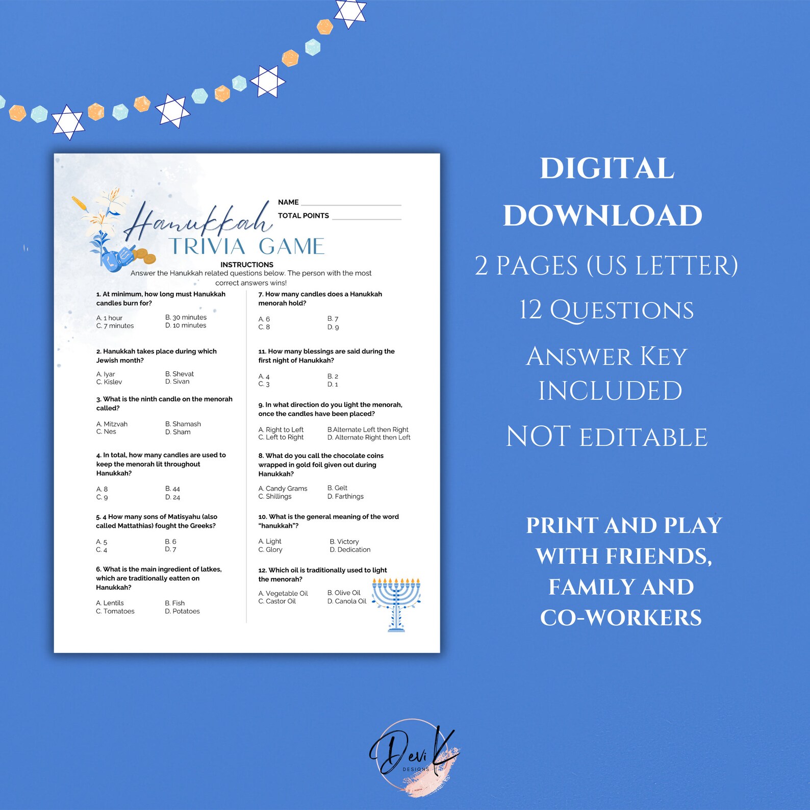 Hanukkah Trivia Game Printable, Chanukah Trivia, Jewish Holiday, Group ...