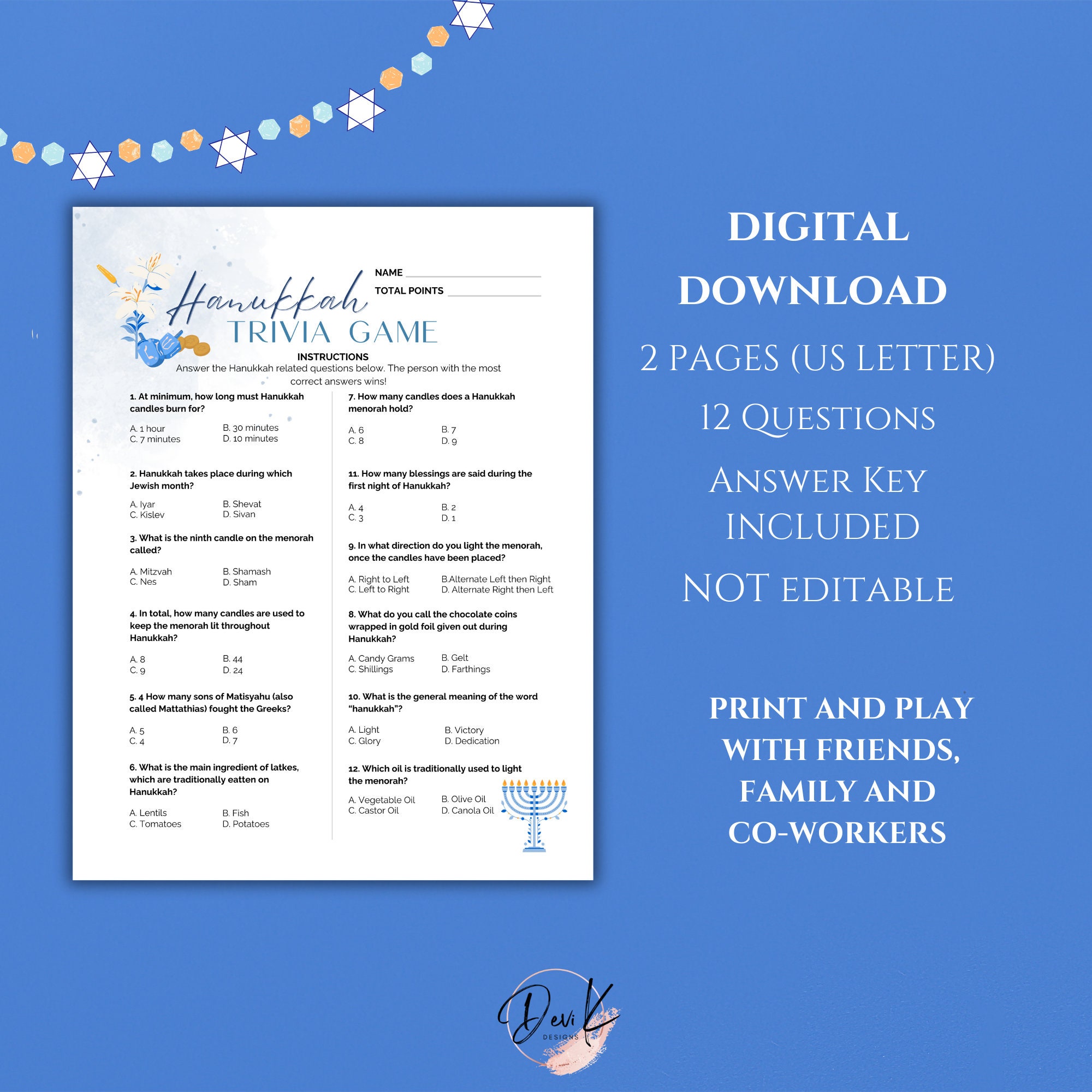 Hanukkah Trivia Game Printable, Chanukah Trivia, Jewish Holiday, Group ...
