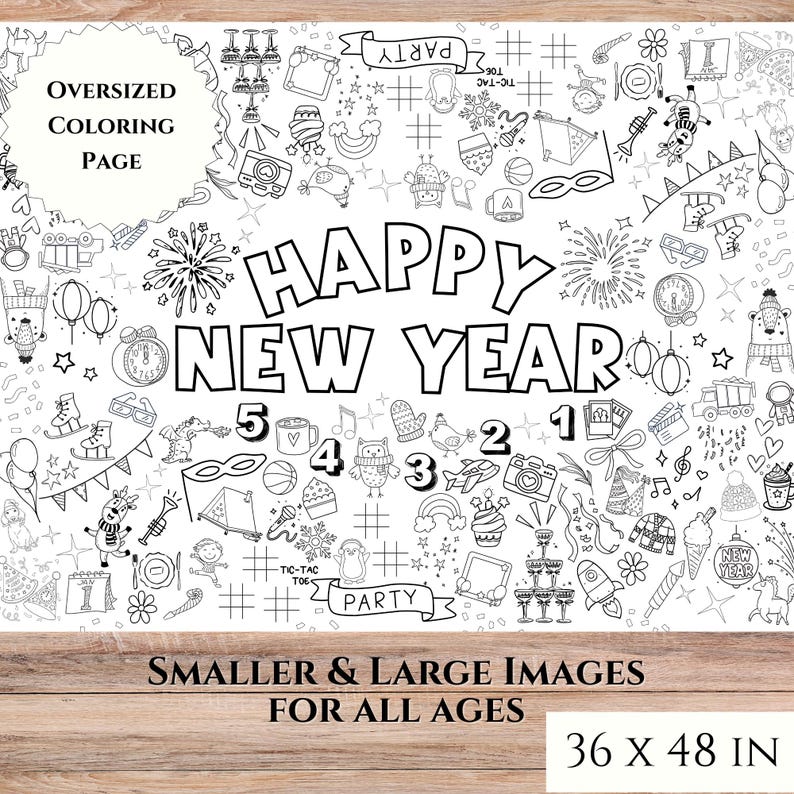 LARGE New Year's Coloring Printable Poster Tablecloth, New Year's Eve ...