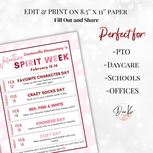 Valentine Spirit Week Flyer Template, Editable, Printable, Februrary ...