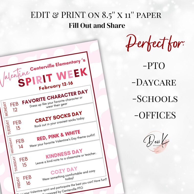 Valentine Spirit Week Flyer Template, Editable, Printable, Februrary ...