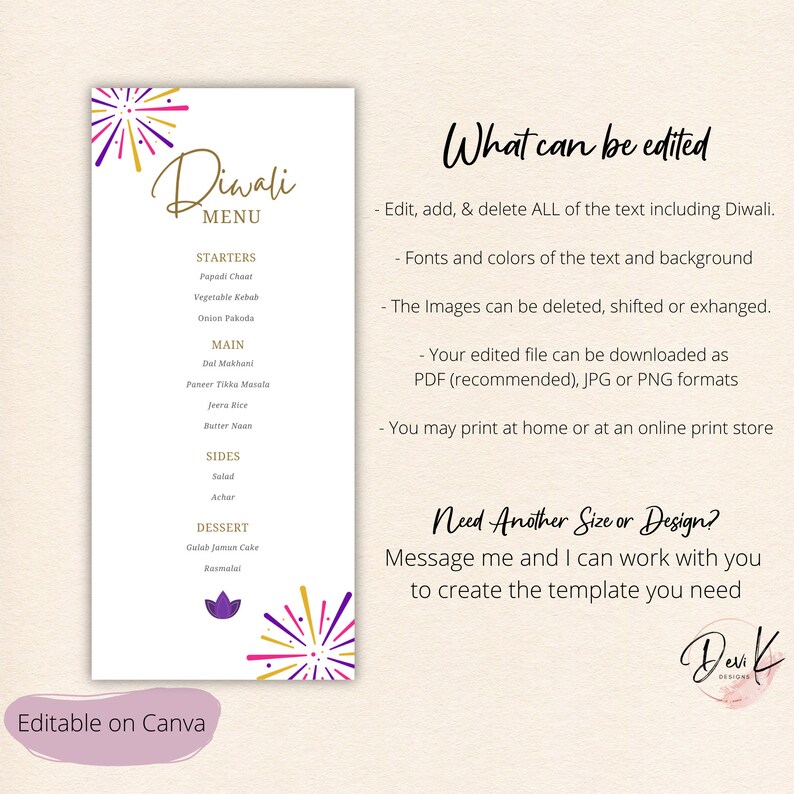 Editable Diwali Menu Template, Firework Menu, Pink Purple Gold, Brunch ...