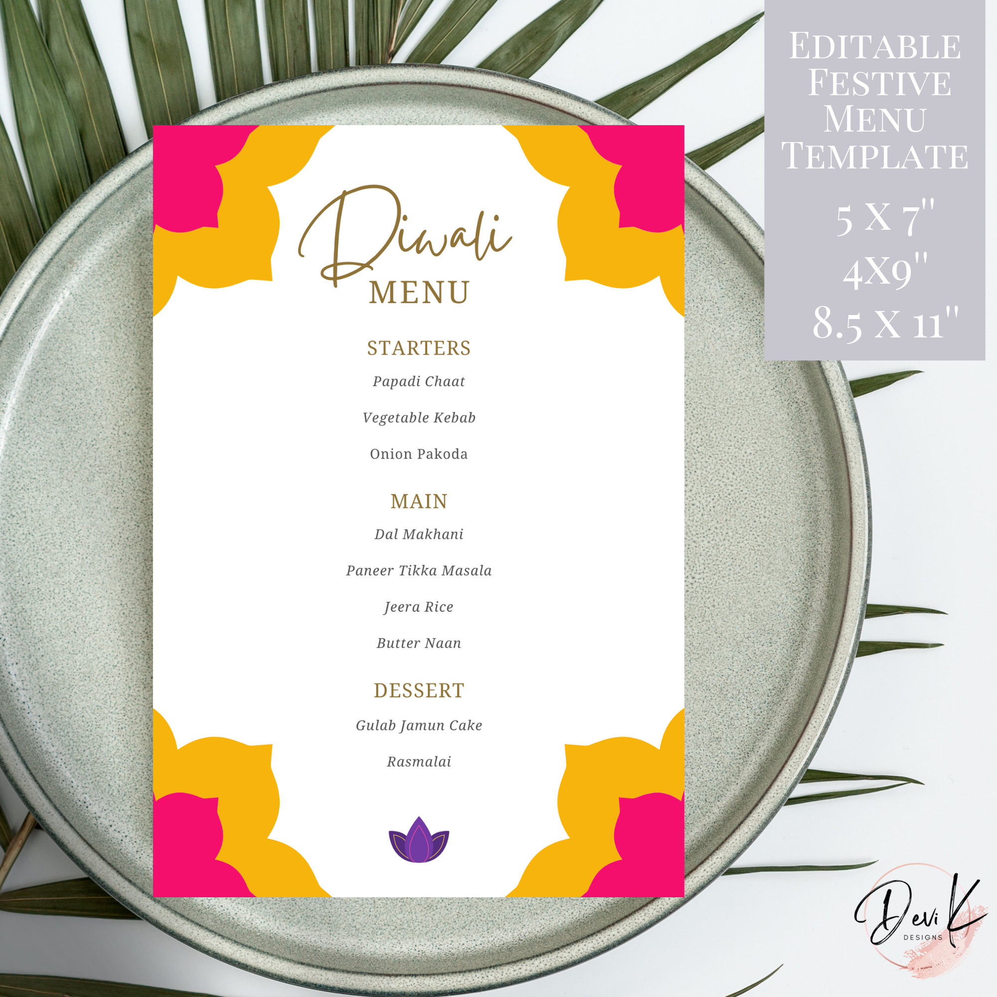 Editable Pink Yellow Border Vibrant Menu Template, Diwali Menu, Pink ...