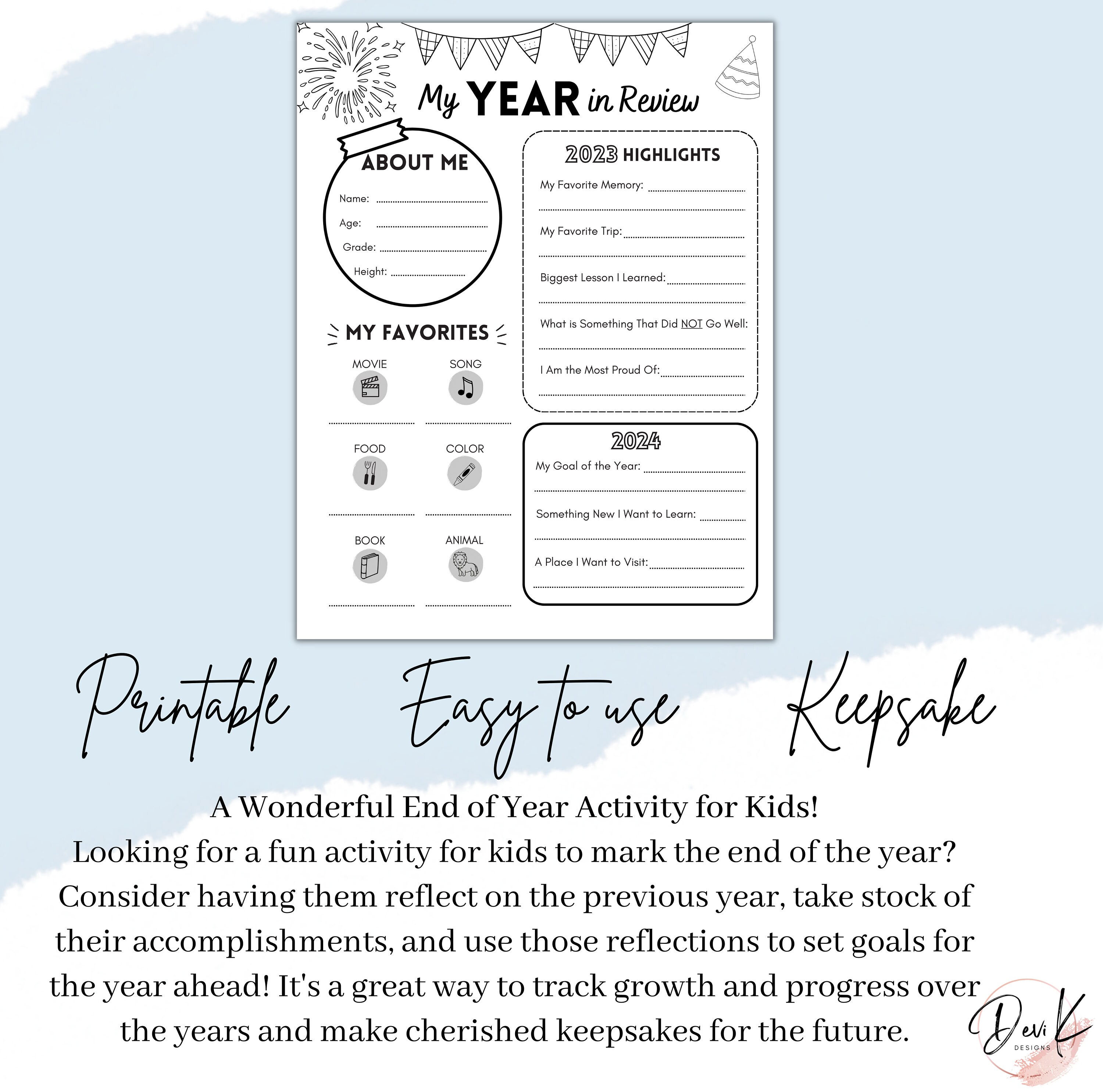 Kids Year in Review 2023 2024 Printable Activity Sheet, Kid Printable ...