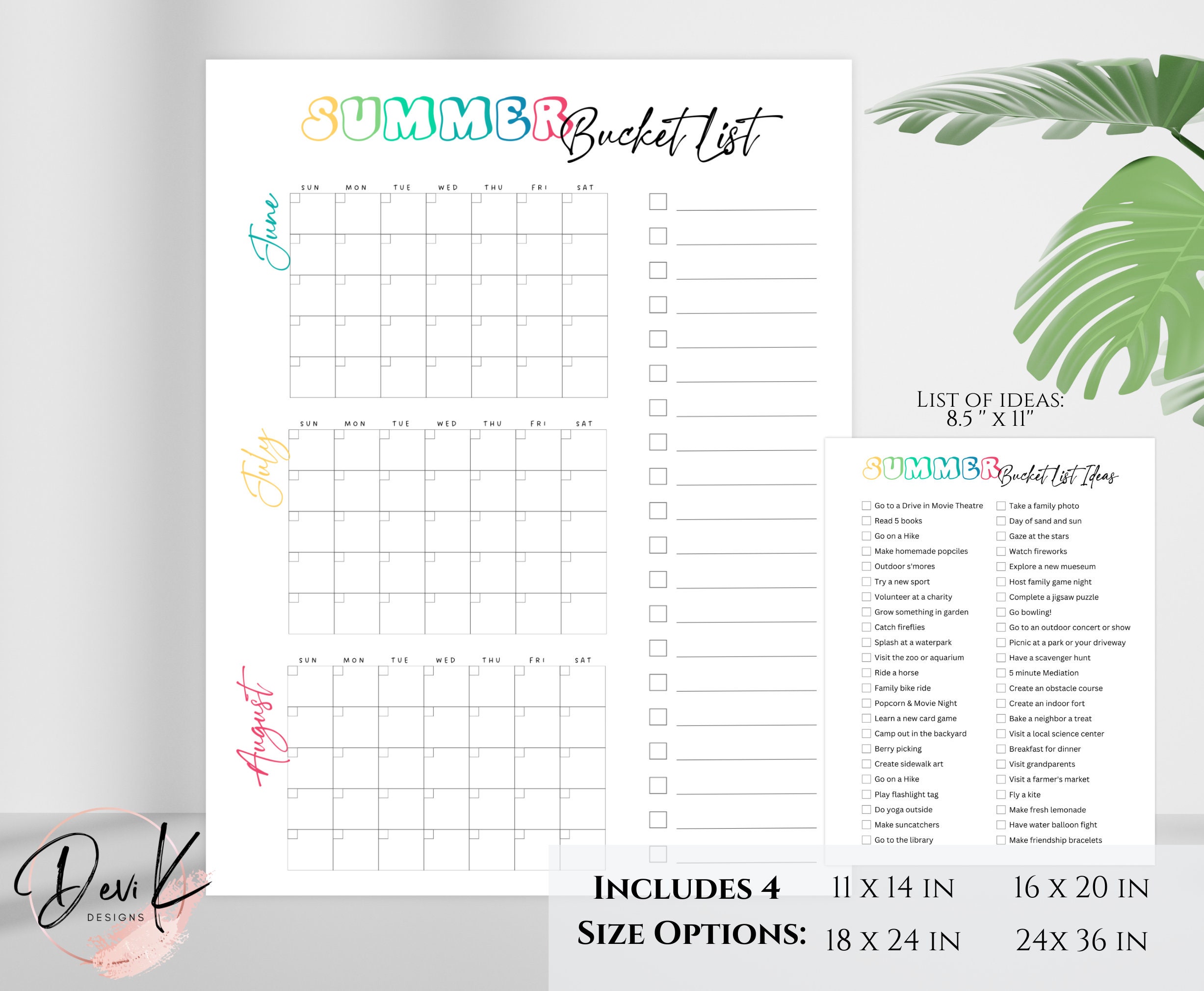 Summer Bucket List Poster, Colorful Undated Calendar, Summer Bucket ...