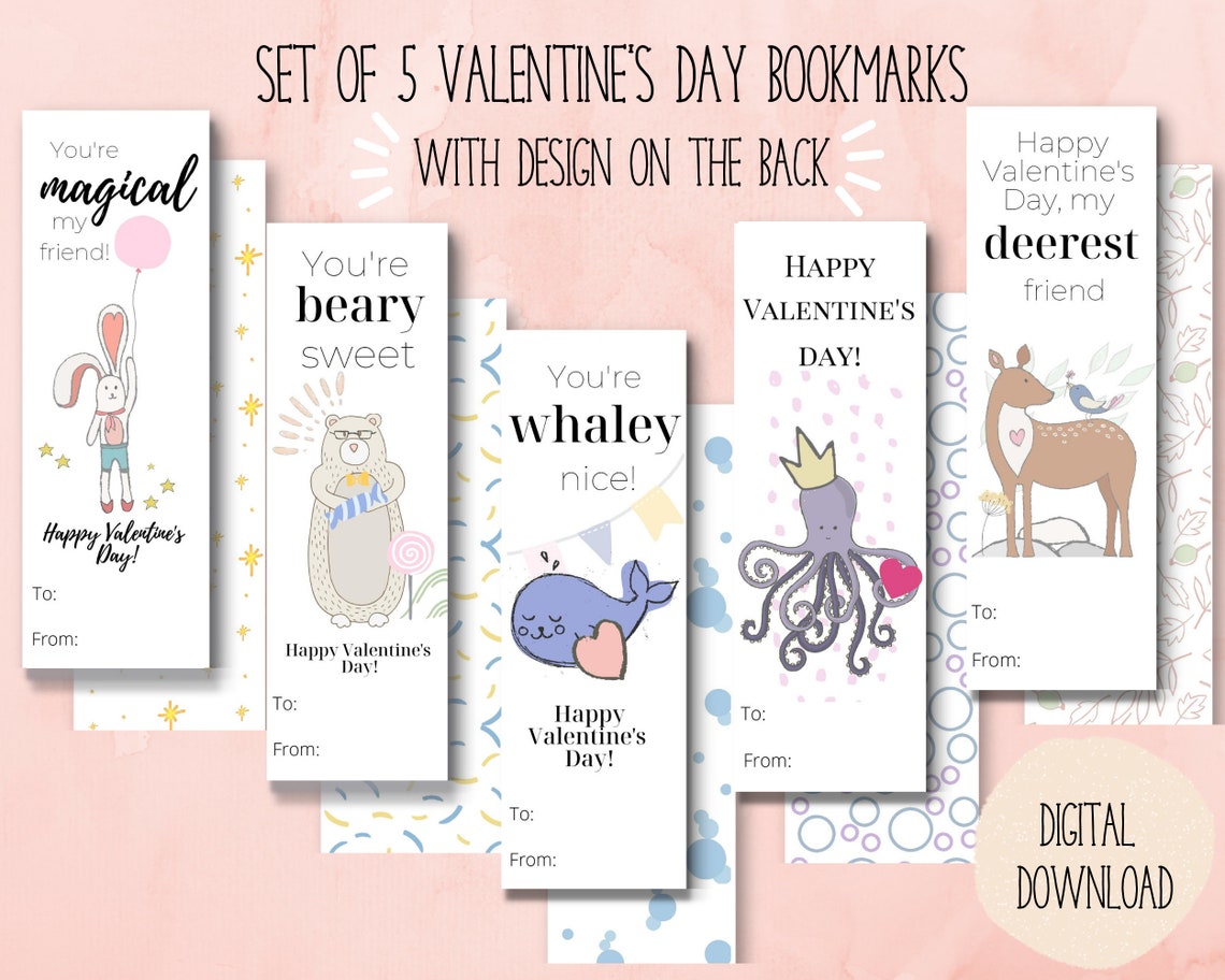 Printable Kids Valentines Day Bookmarks, Double-sided, Set of 5 ...