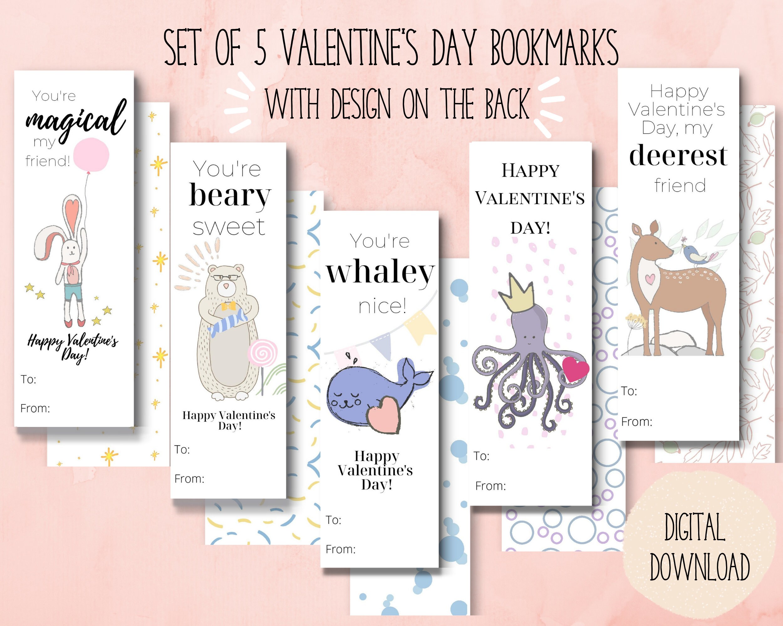 Printable Kids Valentines Day Bookmarks, Double-sided, Set of 5 ...