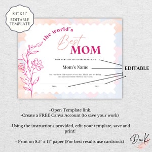 World's Best Mom Mum Certificate, Editable Mother's Day Printable ...