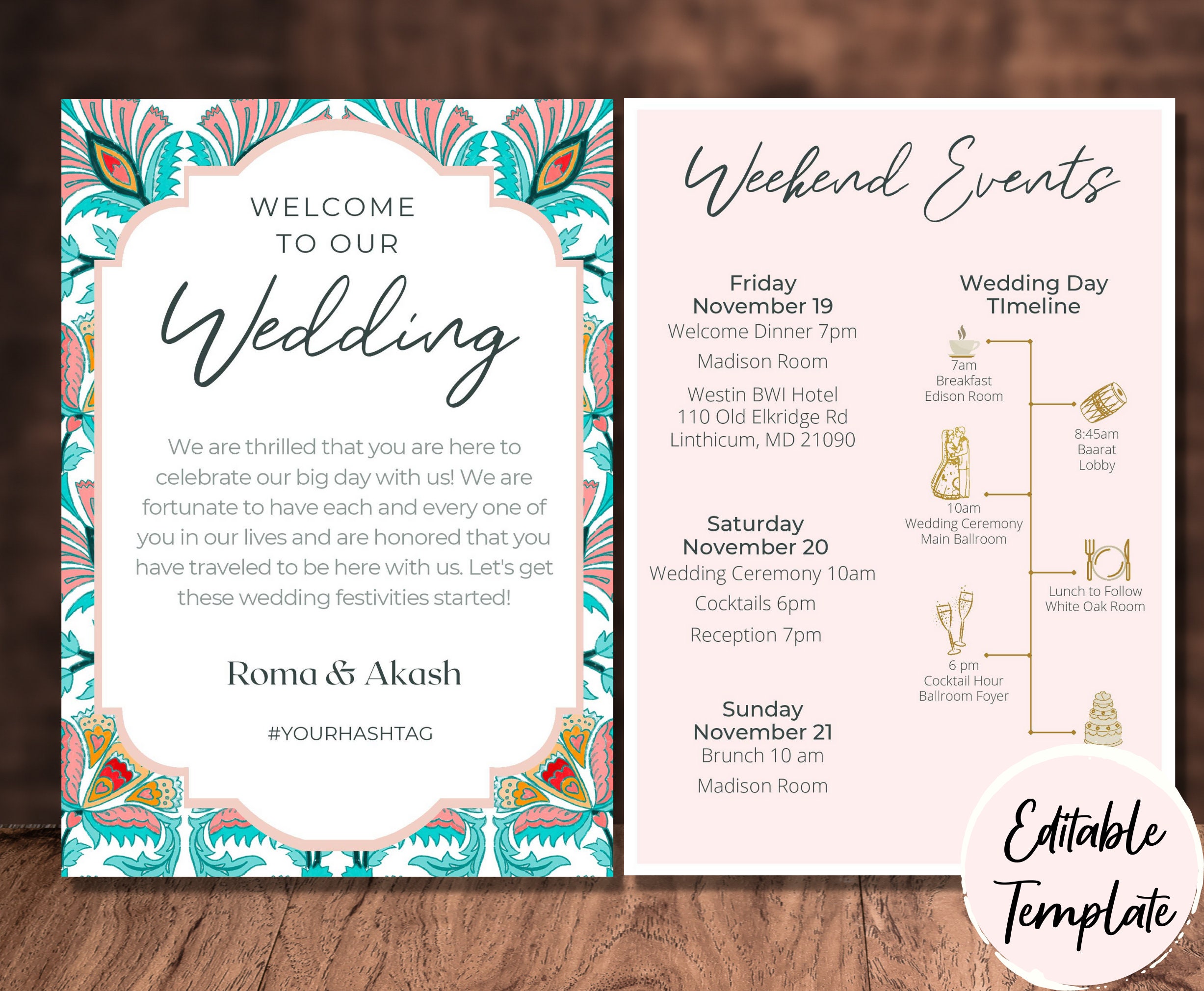 Editable Ornate Floral Wedding Itinerary, Event Timeline Instant ...