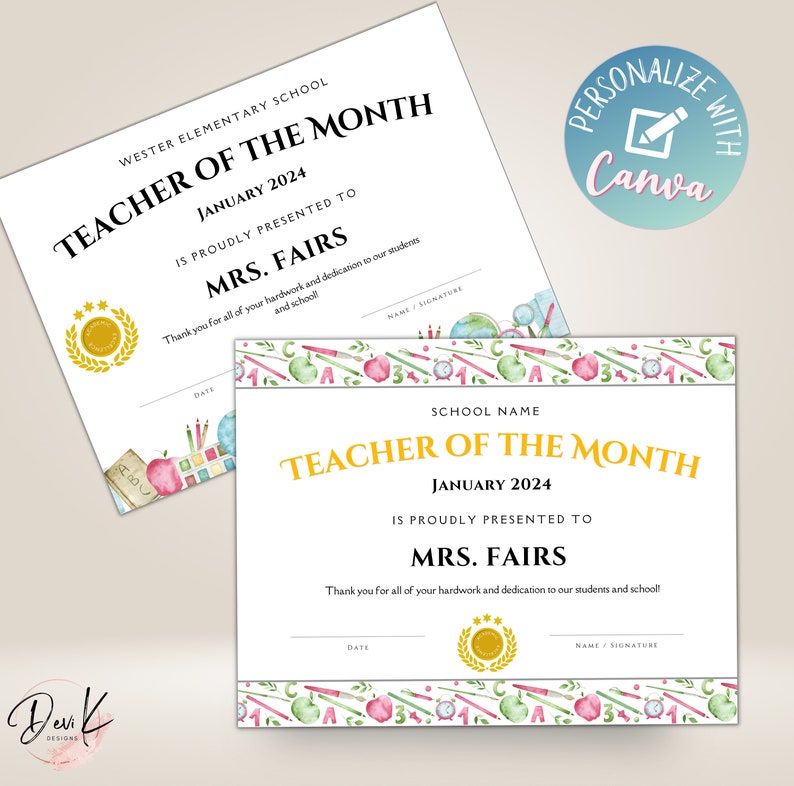 Teacher of the Month Award Certificate, Editable Template, Teacher ...