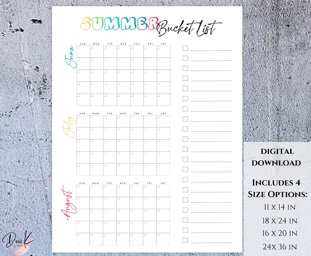 Summer Bucket List Poster, Colorful Undated Calendar, Summer Bucket ...
