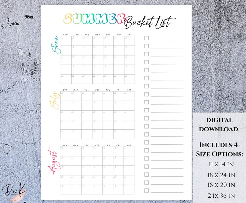 Summer Bucket List Poster, Colorful Undated Calendar, Summer Bucket ...