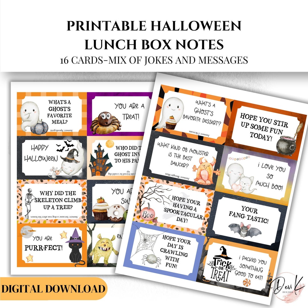 Halloween Kids Lunch Box Notes, Kid Jokes, Messages, Printable Lunchbox ...