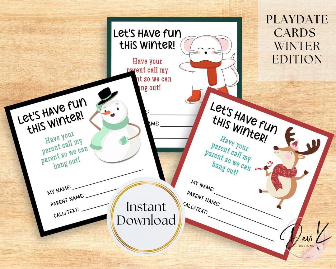 Playdate Cards Winter Break, Unisex Playdate Cards, Kids Play Date ...