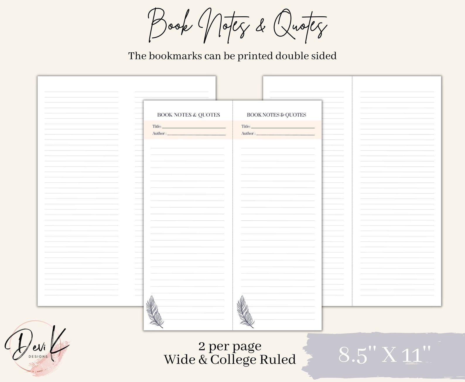 Book Notes & Quotes Printable Bookmarks, Reading Log Bookmark, Note ...