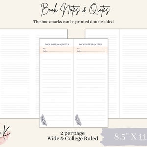 Book Notes & Quotes Printable Bookmarks, Reading Log Bookmark, Note ...