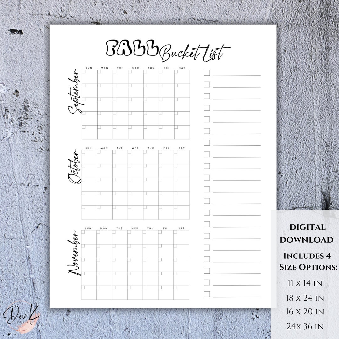 Fall Season Undated Bucket List Calendar Poster, Minimalist Undated ...