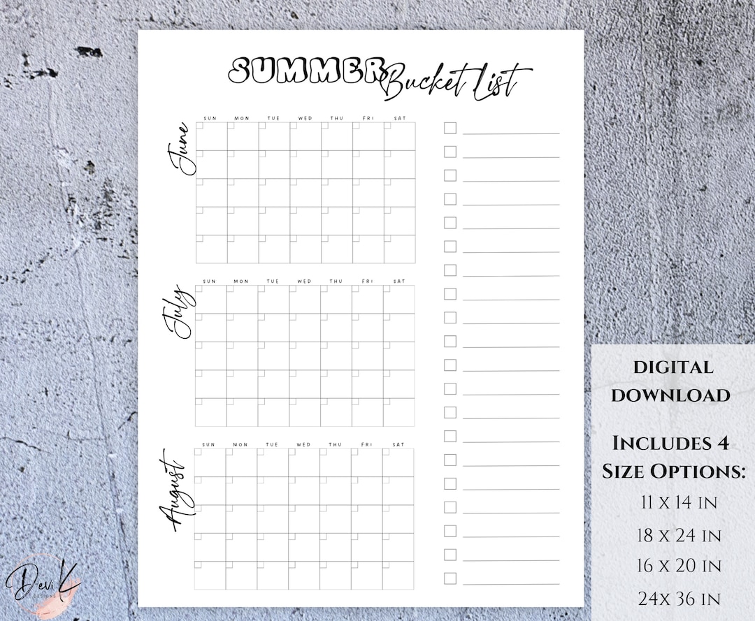 Summer Bucket List Poster, Undated, Minimalist Calendar, Summer Bucket ...