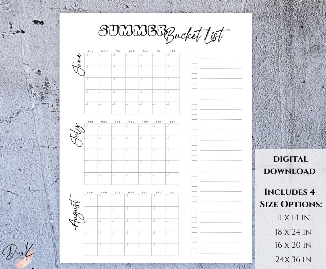 Summer Bucket List Poster Undated Minimalist Calendar - Etsy