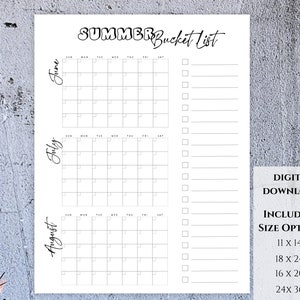 Summer Bucket List Poster, Undated, Minimalist Calendar, Summer Bucket ...