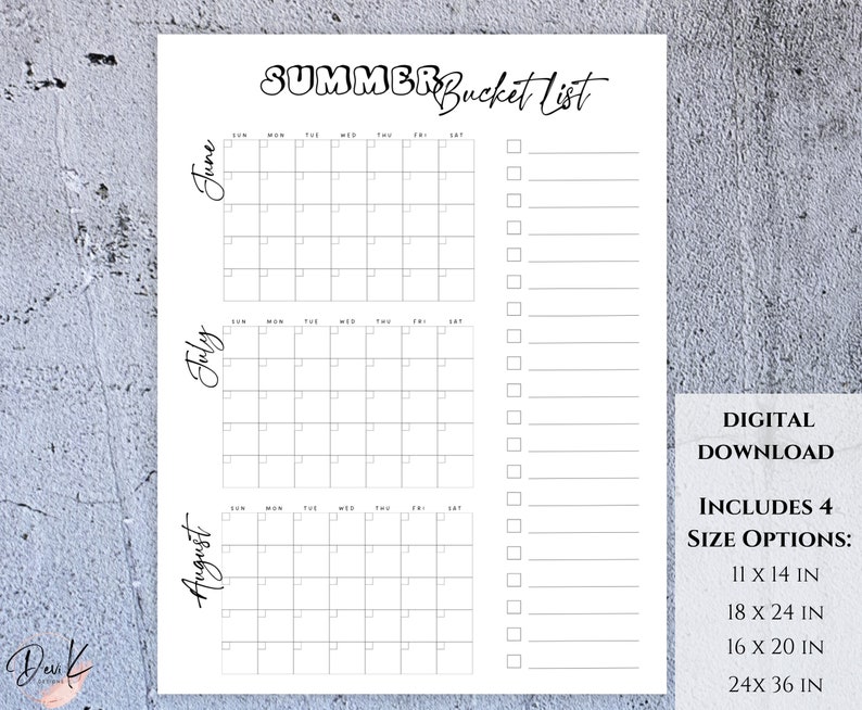 Summer Bucket List Poster Undated Minimalist Calendar - Etsy