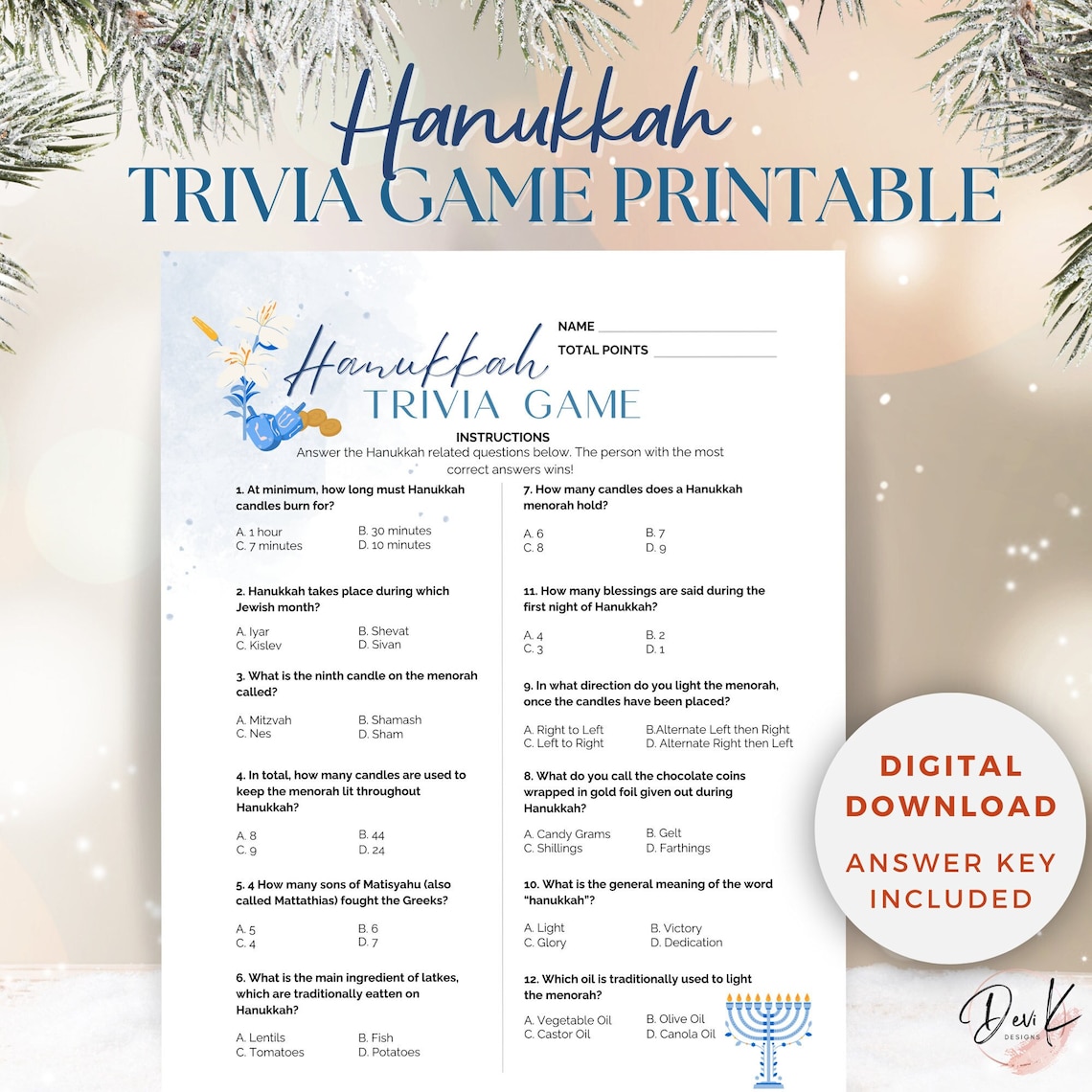 Hanukkah Trivia Game Printable, Chanukah Trivia, Jewish Holiday, Group ...