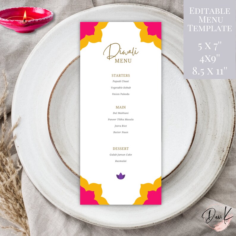 Editable Pink Yellow Border Vibrant Menu Template Diwali - Etsy