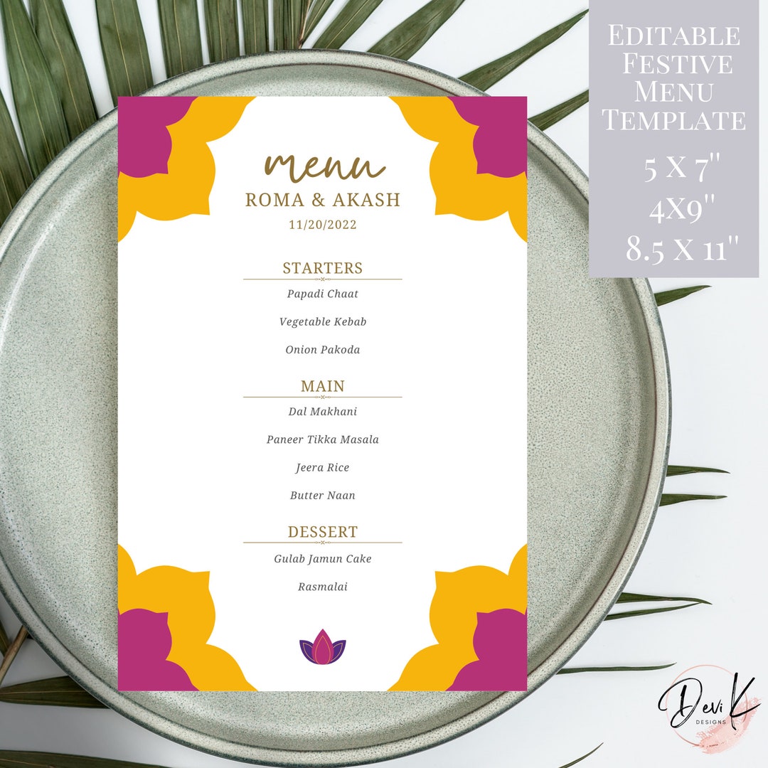 Editable Purple Yellow Gold Border Vibrant Menu Template, Diwali ...